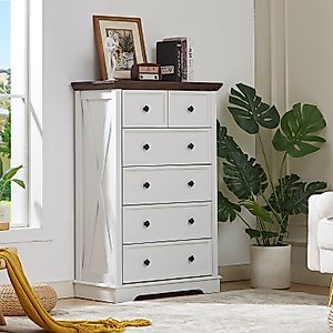 LDTTCUK 6 Drawer Dresser, Farmhouse Dresser Chest of Drawer for Bedroom, 48 Inch Tall Dresser, Wood Storage Chest of Drawers Storage Cabinet for Living Room, Entryway, Hallway, White