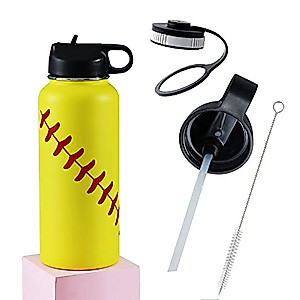 32 oz Baseball Sports Water Bottle Insulated 2 Lids Straw Travel Tumbler Durable Stainless Steel Vacuum Bottle (Yellow)