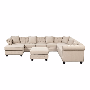 Morden Fort Chesterfield Modular Convertible Sectional U-Shape Polyester Fabric Sofa with Chaise Accent Tufted Couch for Living Room Furniture Set