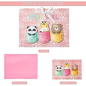 Loveinside Baby Girl Gift Bag Pink Animal Design with Tissue Paper and Greeting Card for Baby Shower, New Parents, and More - 13" x 10" x 5", 1 Pcs