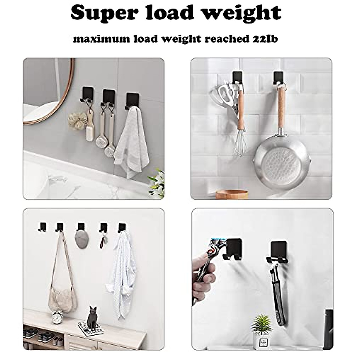 Razor Holder Shaver Hook Hanger Stand Self Adhesive Hooks Heavy Duty Stainless Steel Phone Holders for Shower, Tools for Hanging Washcloth Towel Loofah for Bathtub Wall, Black (Black-4)