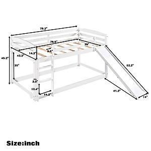 Low Bunk Beds Twin Over Twin Bunk Bed with Slide Wood Bed Frame for 2 Kids Toddlers Boys Girls Teens, White