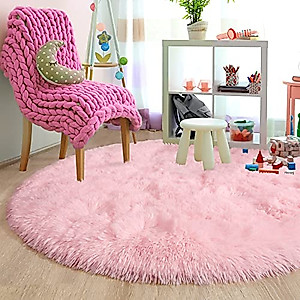 Merelax Pink Round Rug for Girls Room, 4'x4' Fluffy Circle Rugs for Teen Girls Princess Castle Cute Nursery Rug for Kids Room, Furry Shaggy Rug for Dorm Bedroom, Fuzzy Plush Circular Carpet for Baby