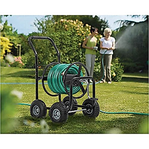 Garden Hose Reel Cart with Wheels for Outdoor Holds 300-Feet of 5/8-Inch Hose Yard Water Planting Truck w/Storage Basket, Heavy Duty Metal Garden Lawn Water Truck 4 Wheels, Black