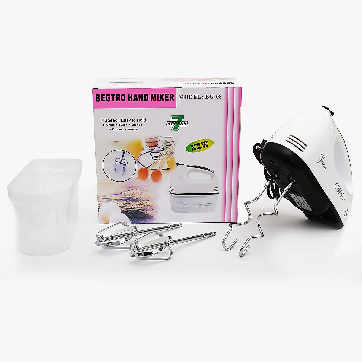 BEGTRO-7 Speed,hand mixer, Domestic Kitchen Egg beater/Spiralizer vegetable chopper Bread flour dough whisk electric hand whisk, Professional food chopper white with, Snap-on lid