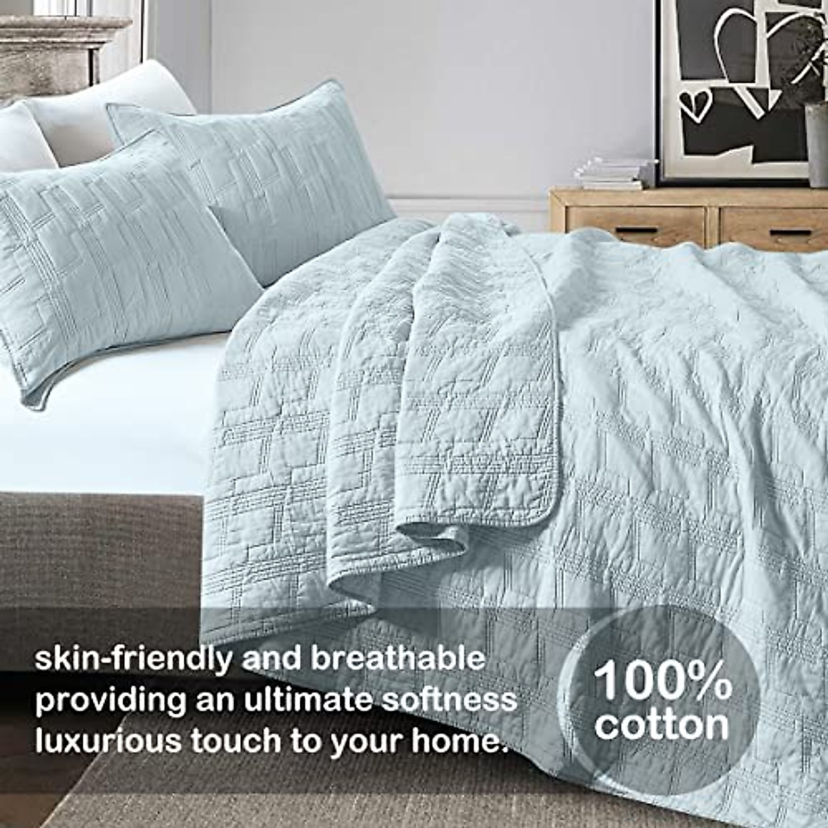 100% Cotton Quilt Set Queen Size, Baby Blue Pre-Washed 3-Piece Bedspread Coverlet Set, Cozy Lightweight Stitching Decorative Bedding Cover with 2 Shams in Geometric Pattern Rustic Style for All Season