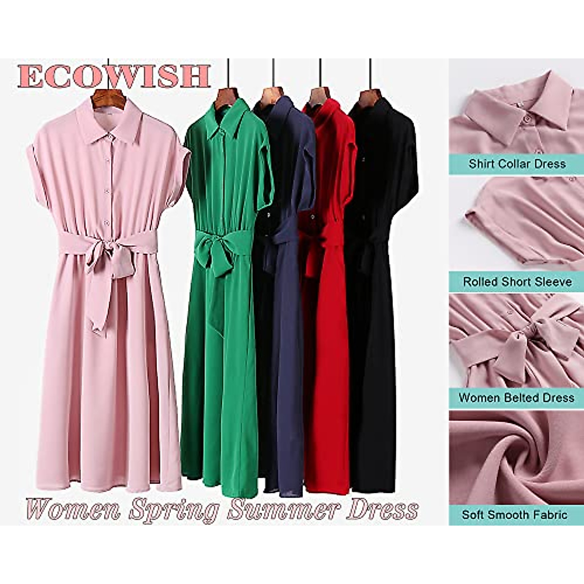 ECOWISH Womens Casual Midi Dresses Solid V Neck Short Sleeve Shirt Dress with Pockets for Spring Summer 2023 Green L
