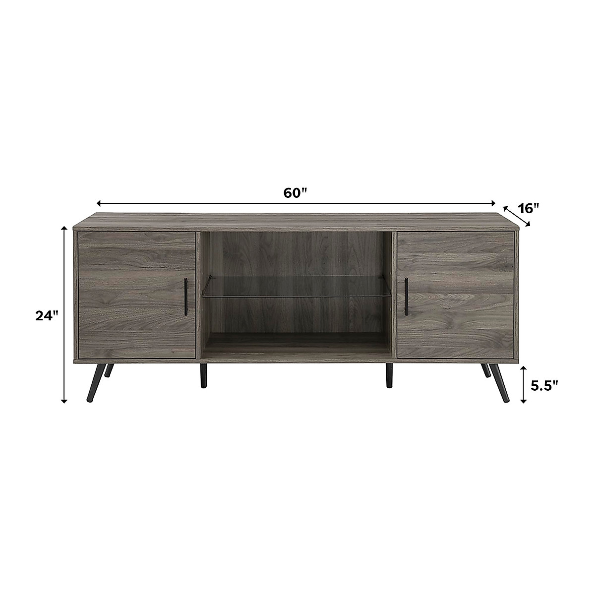 Walker Edison Saxon Mid Century Modern Glass Shelf TV Stand for TVs up to 65 Inches, 60 Inch, Slate Grey
