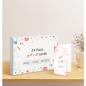 Nihuecne 24 Pack Floral Get Well Cards with Self-adhesive Envelopes, 4"x6" Boxed Prefilled Get Well Soon Greeting Note Cards to Friends, Relatives or Loved One, 24 Unique Designs