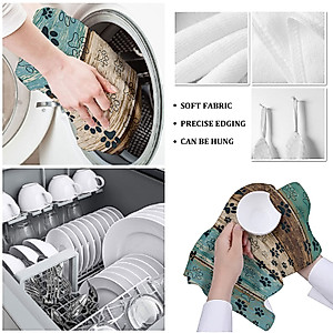 Dog Paws Prints Kitchen Towels 2 Pack, Rustic Teal Dish Towels for Kitchen, Farmhouse Turquoise Wood Absorbent Microfiber Puppy Paws Hand Towels for Bathroom, Soft Tea Towels Bar Towels, 18 x 28 Inch