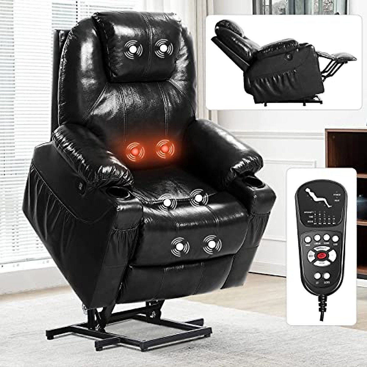 EMONIA Power Lift Recliner Real Leather Lift Chairs Recliners for Elderly with Massage and Heat for Elderly,OKIN Motor Lift Chairs,2 USB, 2 Cup Holder&4 Side Pockets (Black)