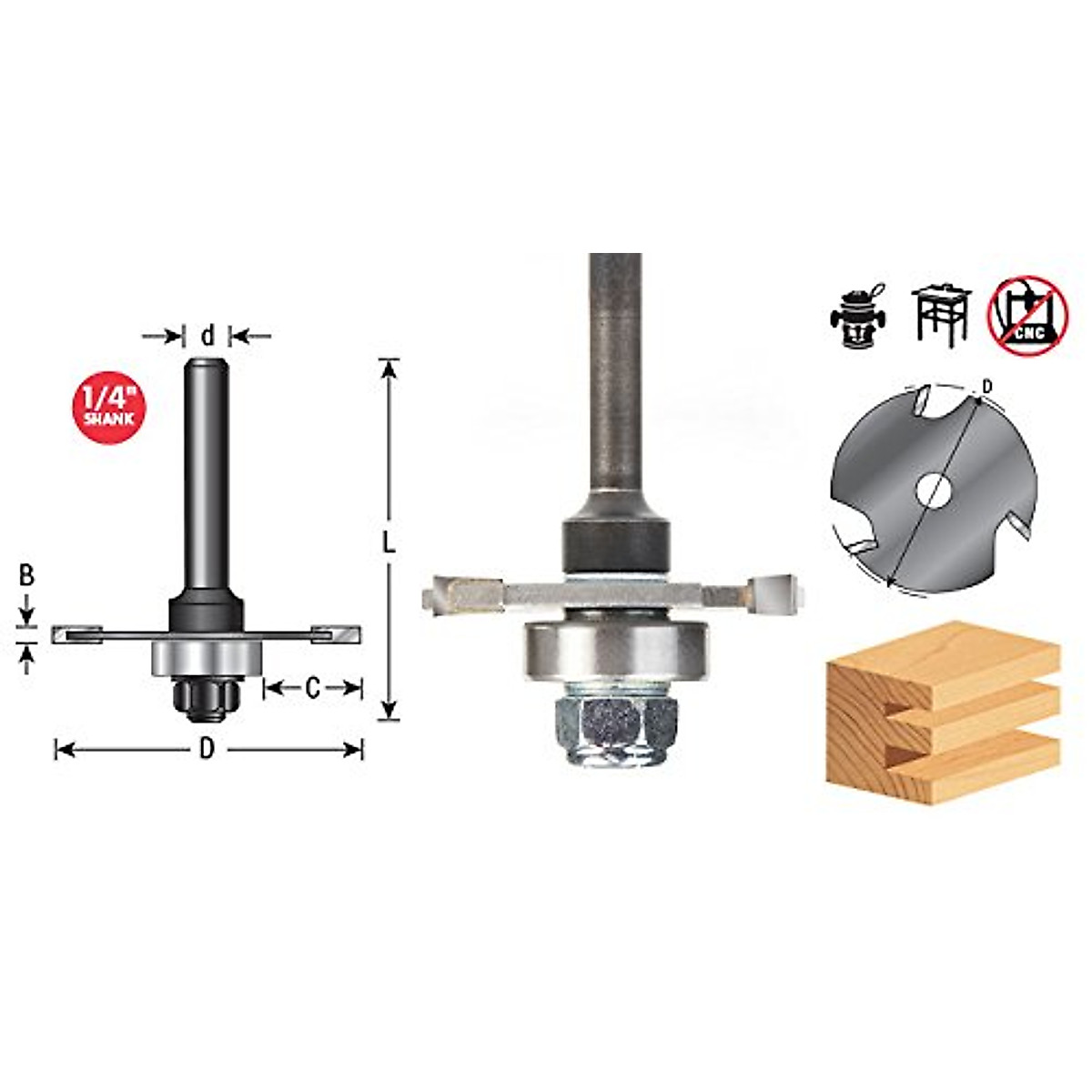 Amana Tool - (53404) Slotting Cutter Assembly 3 Wing x 1-7/8 Dia x 3/32 x 1/4 Inch Shank