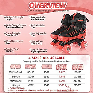 LEJIJIT Roller Skates for Kids Boys Girls Toddler Ages 3-12, Adjustable 4 Sizes for Kids and Youth Teen with Light Up Wheels, Quad Red Roller Skates for Sports (Little Kid 11C-1Y)