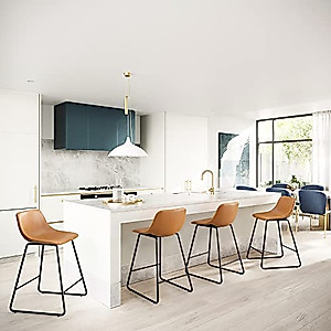 Alexander Indoor/Outdoor Industrial Faux Leather Bar Stools Set of 4,Urban Armless Dining Chairs With Metal Legs, Modern Counter Height Barstools For High Table Home office Kitchen Island Chair 24"