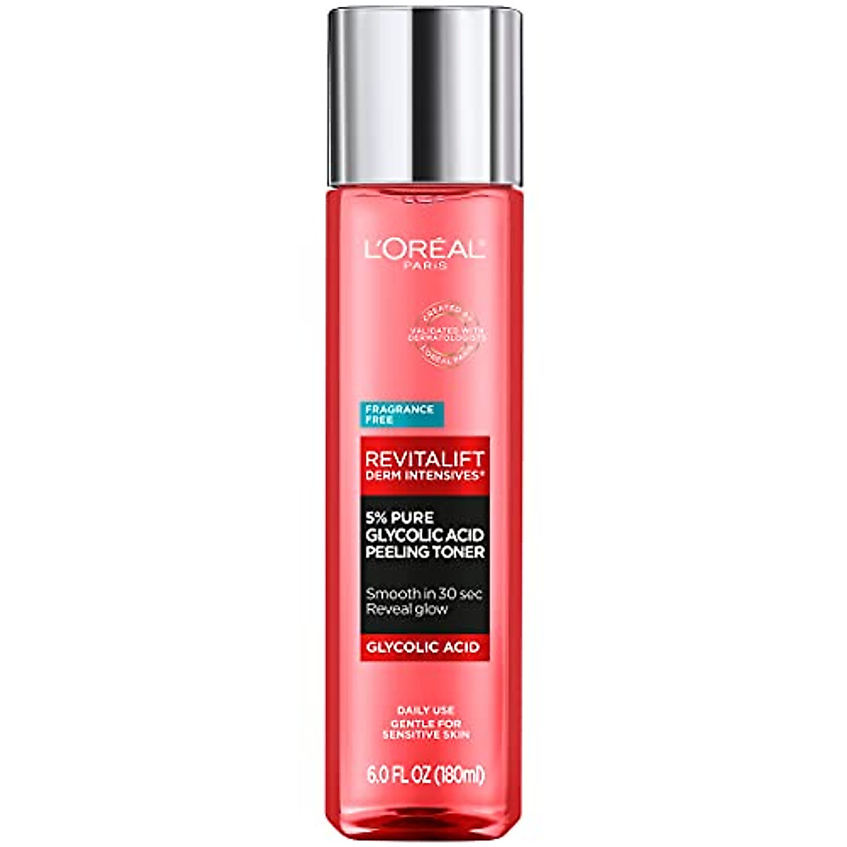 L'Oreal Paris Revitalift 5% Pure Glycolic Acid Peeling Toner with Aloe Vera, Smooth Skin & Reveal Glow, Daily Exfoliant, Alcohol Free, Fragrance Free 6 fl oz