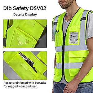 Dib Safety Vest Reflective ANSI Class 2, High Visibility Vest with Pockets and Zipper, Construction Work Vest Hi Vis Yellow L