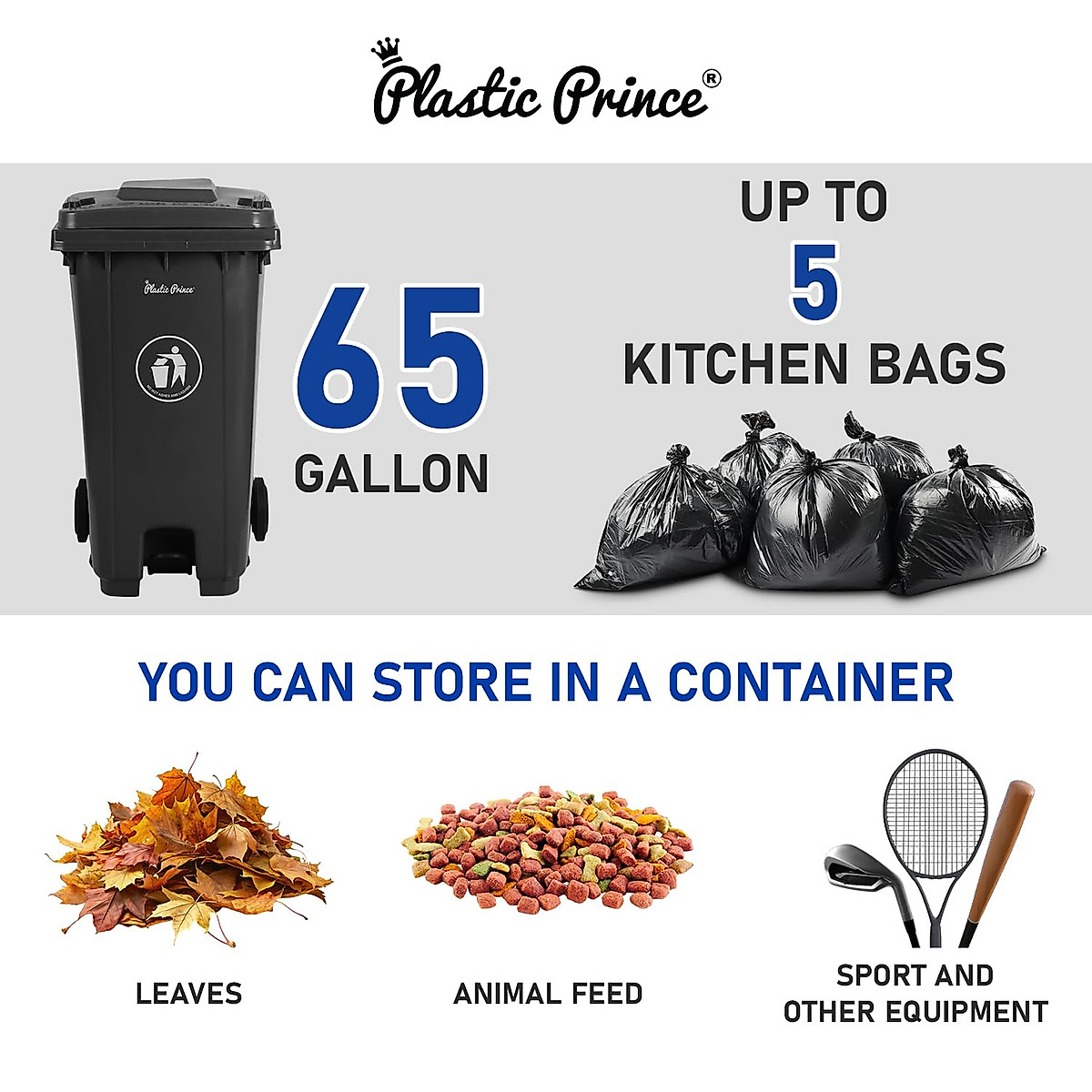 PLASTIC PRINCE 65 Gallon Step-On Rollout Trash Can with Lid, Commercial Heavy-Duty Container with Wheels, Gray