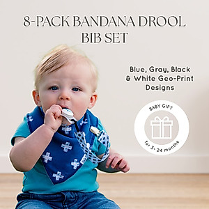 Dodo Babies Bandana Drool Bib Set – Eight 100% Cotton Bibs with Soft Polyester Lining, 2 Pacifier Clips, Binky Case, Blue Gift Bag for Baby Girl or Boy Shower – Adjustable Snap Fit for 3-24 Months
