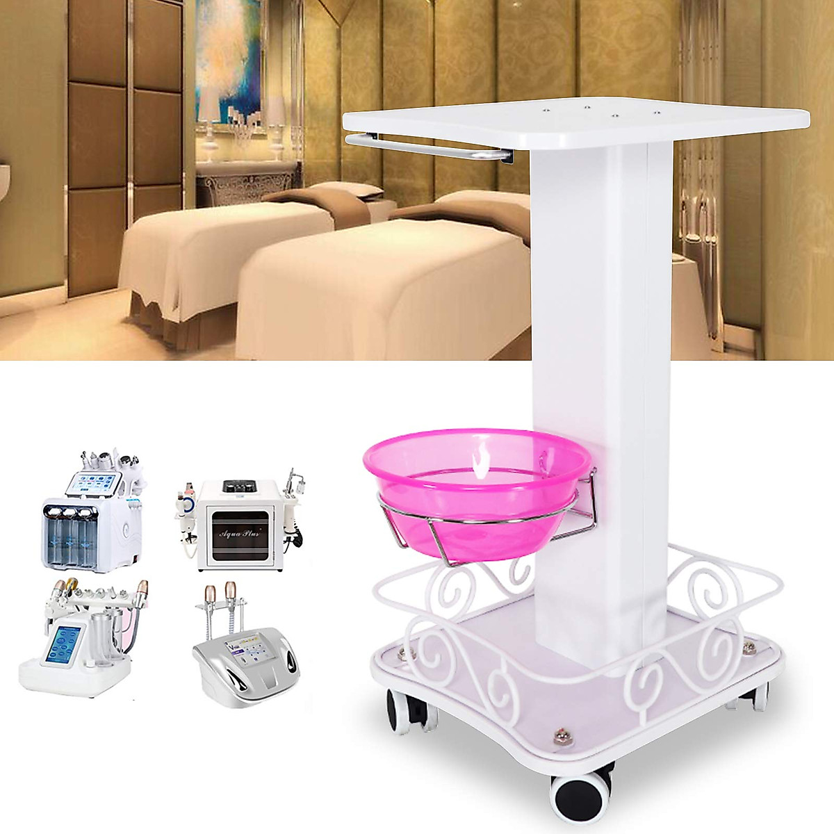 Beauty Salon Trolley Cart with Wheels and Large Storage Fence,Multil-Function Mobile Salon Spa Rolling Esthetician Cart Instrument Tray Hairdressing Service Cart Max Load 88lbs