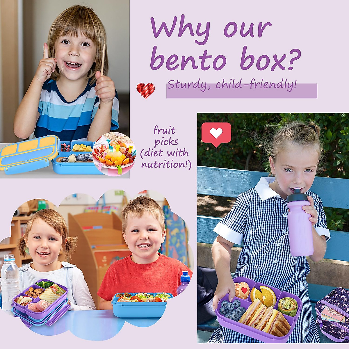 QQKO Bento Box for Kids with Insulated Lunch Bag, Kids Toddler Lunch Box Containers for Girls, School Unicorn lunch Box Set with 4 Compartments, Ice Packs, Utensils, Sauce Container, Muffin Cups