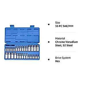 NEIKO 10388A Master Allen Hex Bit Socket Set, 33 Piece SAE and Metric Allen Socket Set, Allen Head Hex Key Socket Set Made with S2 Steel, Allen Hex Bit Set, Standard 5/64” – 3/4” & Metric 2mm – 19mm