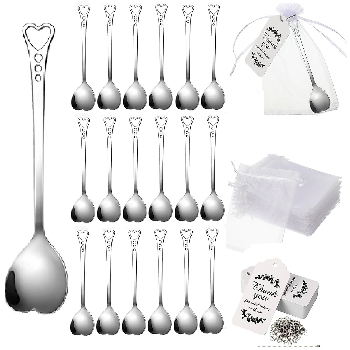 50 Sets Heart Shaped Tea Spoons Wedding Favor for Guests 5.63'' Heart Shaped Mini Spoons Creative Love Spoons with Sheer Bags Labels for Wedding Guest Souvenir Bridal Shower Tea Party Favors (White)