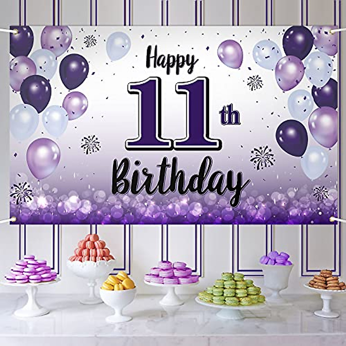 LASKYER Happy 11th Birthday Purple Large Banner - Cheers to Eleven Years Old Birthday Home Wall Photoprop Backdrop,11th Birthday Party Decorations.