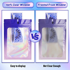 Funfery 100 Pack Gradient Holographic Bags,Mylar Resealable Bags with Zipper,Clear Window Packaging Pouch,Smell Proof Plastic Bags for Food Storage,Sample Jewelry Baggies(2.7×3.9in,Purple Pink)