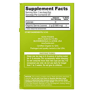 NOW Foods, Certified Organic Senna Tea, Caffeine Free, Relieving, Non-GMO, Premium Unbleached Tea Bags with No-Staples Design, 24-Count