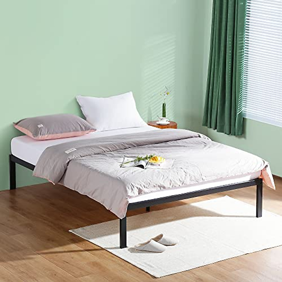 Olee Sleep 14 inch Modern Metal Platform Bed Frame / Mattress Foundation / Wood Slat Support / No Box Spring Needed, Full, Black