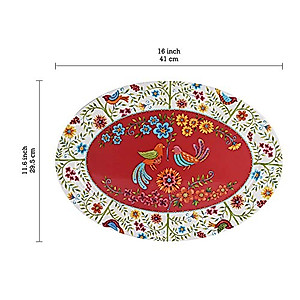 Bico Red Spring Bird Ceramic 16 inch Oval Platter, Microwave & Dishwasher Safe
