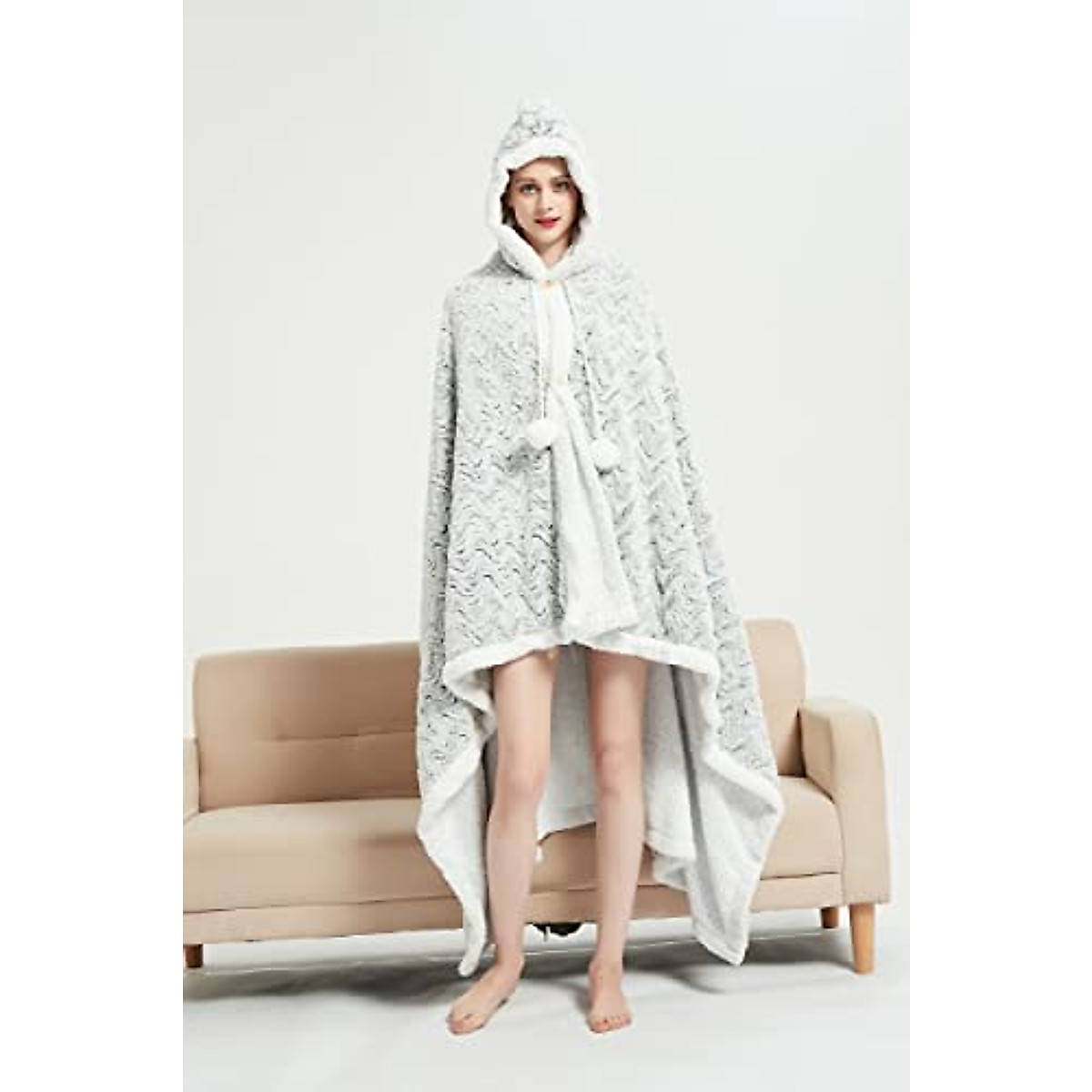 Chic Home Auburn Snuggle Hoodie Wavy Animal Pattern Robe Cozy Super Soft Ultra Plush Coral Fleece Sherpa Lined Wearable Blanket with 2 Pockets Hood Drawstring Button Closure, Silver-White, 51” x 71”