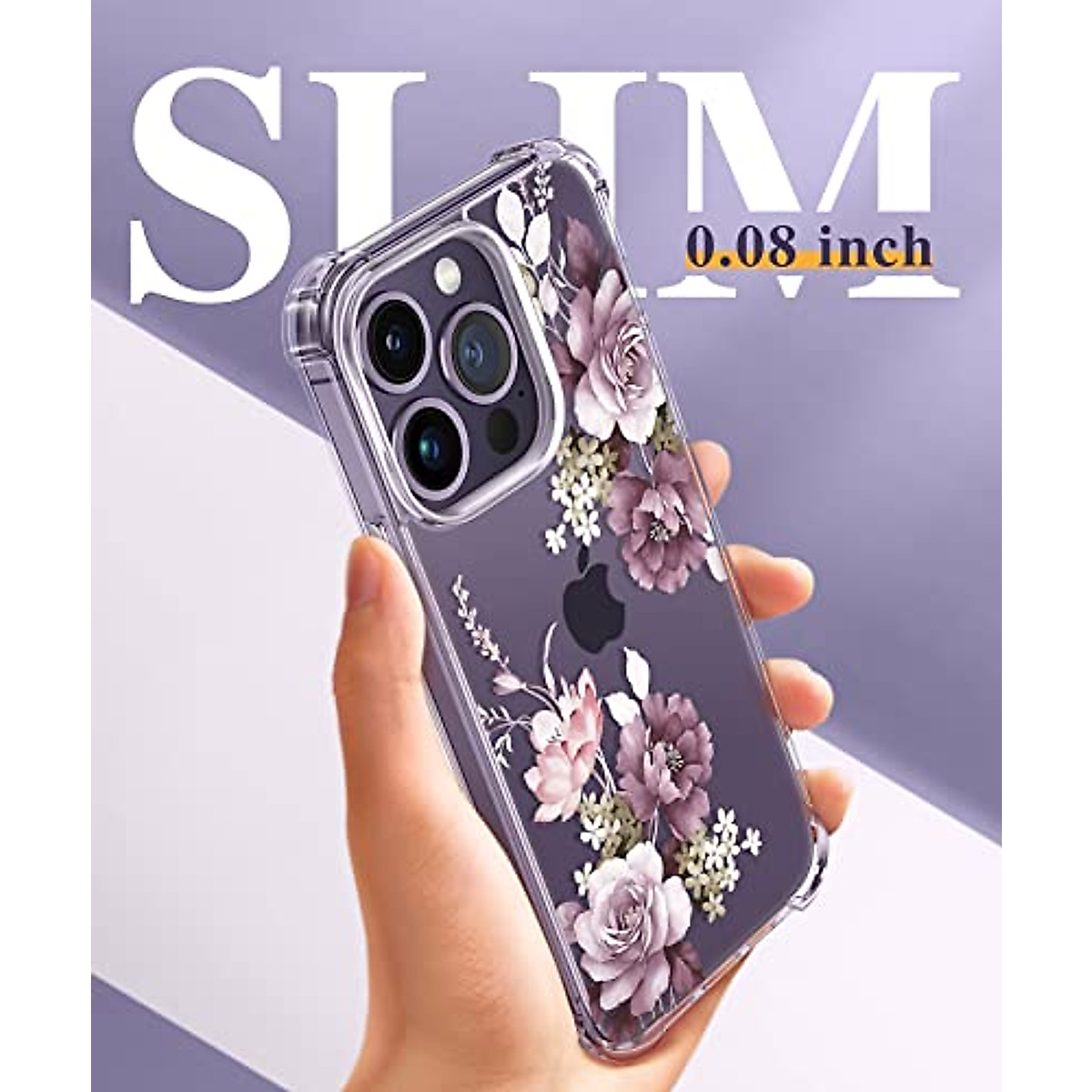 GVIEWIN Compatible with iPhone 14 Pro Case with Screen Protector & Camera Lens Protector, Floral Slim Shockproof Protective Hard PC+TPU Bumper Flower Women Cover, 6.1" 2022(Cherry Blossoms/Purple)