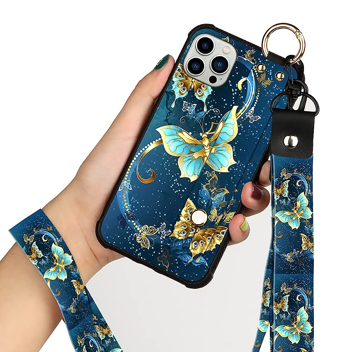 KANGHAR Compatible with iPhone 13 PRO MAX Case Blue Butterfly Shell Wrist Strap Lanyard Cover for iPhone 13 PRO MAX 6.7 INCH 2021 5G