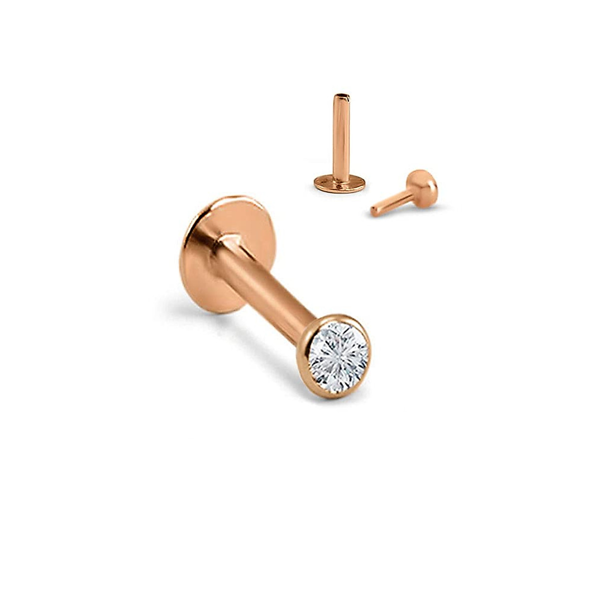 14k Rose Gold Threadless Push Pin Labret Nose Ring Stud 3/16" 5mm Post 3mm Bezel CZ 18G