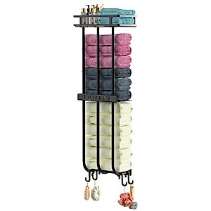 Towel Racks with Metal Storage Shelves Shelf for Rolled Towels, 3 Bar Towel Storage for Bathroom Wall Mounted, Towel Organizer for Folded Large Towel Washcloths, Bath Towel Holder Shelf with 4 Hooks