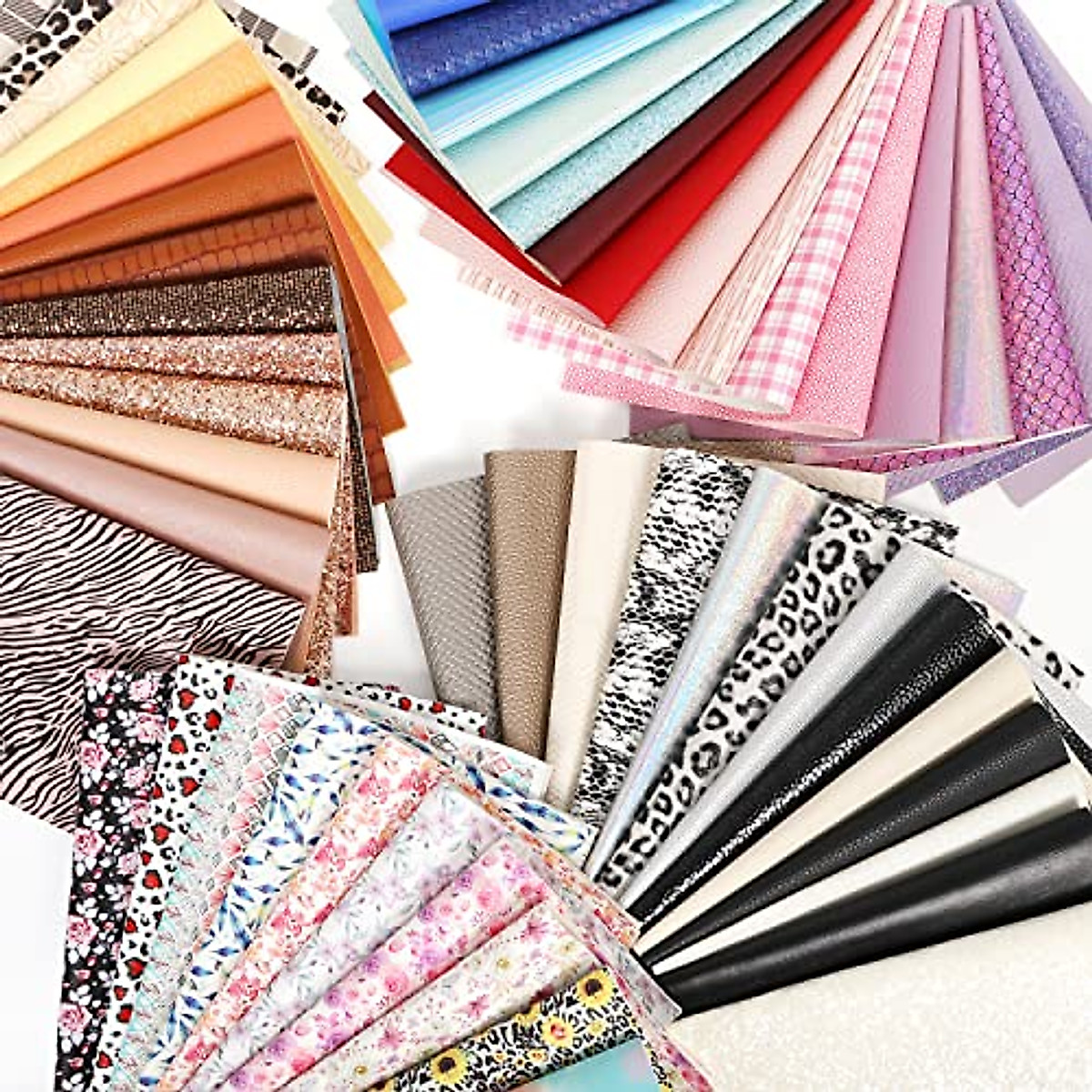 LOTOFUN 30 Pieces Random Colors Faux Leather Sheets 8X 6Inch Multiple Styles Mixed Glitter Grain Texture Embossed Leopard Pattern Printed Colored Leather for Earrings Making Hair Bow and Crafts DIY