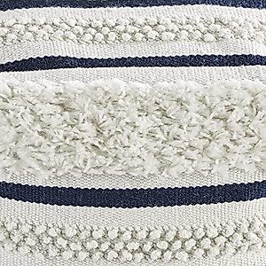 Outdoor Collection Modern Boho Farmhouse Navy Blue Off White Woven Outdoor Pouf Ottoman Outdoor Patio Accent Decor Furniture Footstool, Blue, Ivory