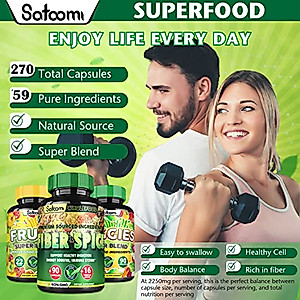 3 Packs - 90 Vegan Capsules Fruits and Veggies Supplement and Fiber & Spice - Extract for Skin, Hair, Nail, Immune, Digestion & Energy Support - 59in1 with Apple, Grape, Carrot, Broccoli & More