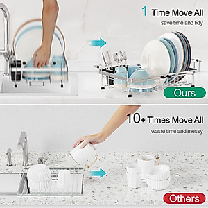 GSlife Expandable in Sink Dish Drying Rack - Stainless Steel Capacity Adjustable Over The Sink Dish Rack (10.8''-17.9''), Dish Drainer for Kitchen Sink Counter with Utensil Holder, Silver