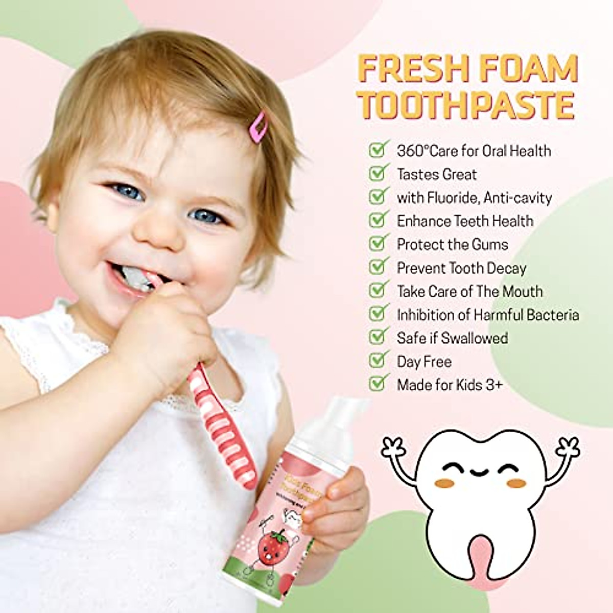 Foam Toothpaste Kids, Toddler Toothpaste with Low Fluoride, Foaming Toothpaste and Mouthwash for Dental Care, Kids Foam Toothpaste for U-Shape Electric Toothbrush for Children 3 up