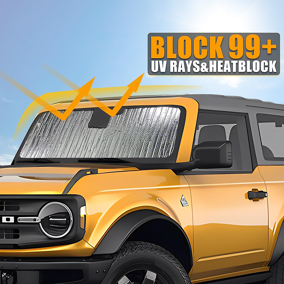 Mabett Windshield Sun Shade for Ford Bronco Accessories 2021 2022 2023, Insulated and Sun Protection by Sun Visor for Bronco 2/4-Door (Silver)