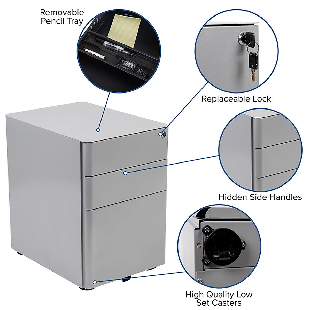 Flash Furniture Warner Modern 3-Drawer Mobile Locking Filing Cabinet with Anti-Tilt Mechanism and Hanging Drawer for Legal & Letter Files, Gray, Set of 1