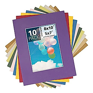 Mat Board Center, Pack of 10, 8x10 Mixed Colors White Core Picture Mats Mattes Matting for 5x7 Photo