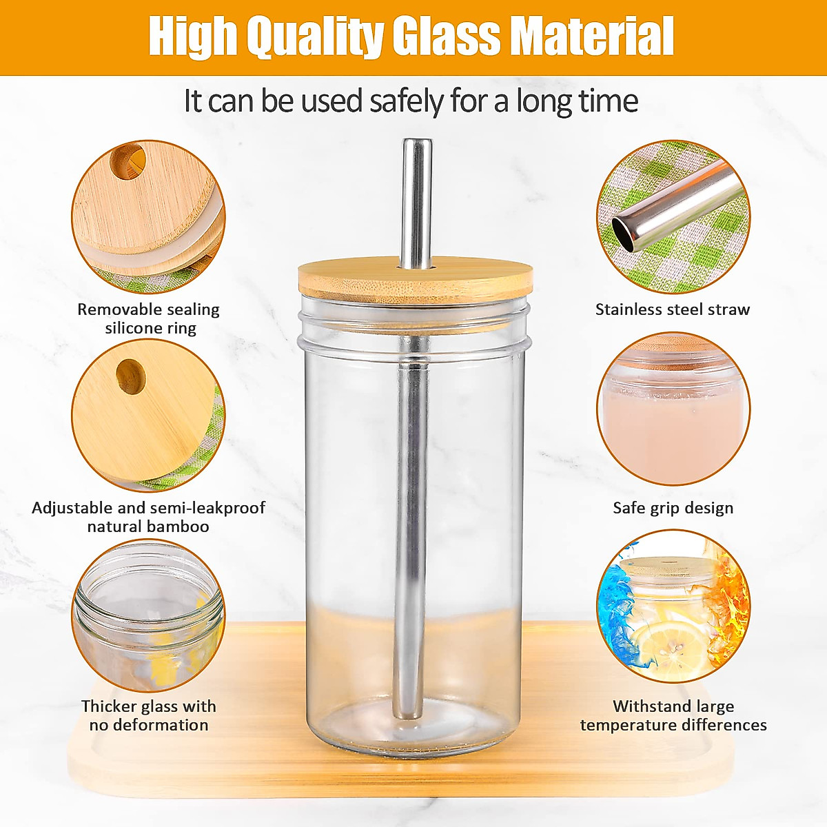 Qmioti 4 Pack Mason Jar with Lid and Straw, 22oz Wide Mouth Glass Cups, Reusable Drinking Glasses for Coffee, Juicing, Bubble Tea, Smoothie