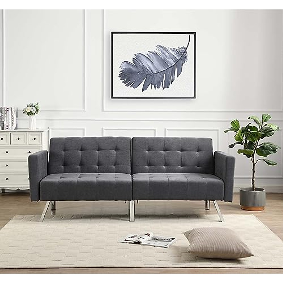 Sofa Bed with Convertible Folding Function, Lounge Couch Loveseat with 3 Adjustable Positions, Sturdy Metal Legs Support, Sleeper Sofa for Living Room Bedroom Apartment Reading Room (Dark Gray)