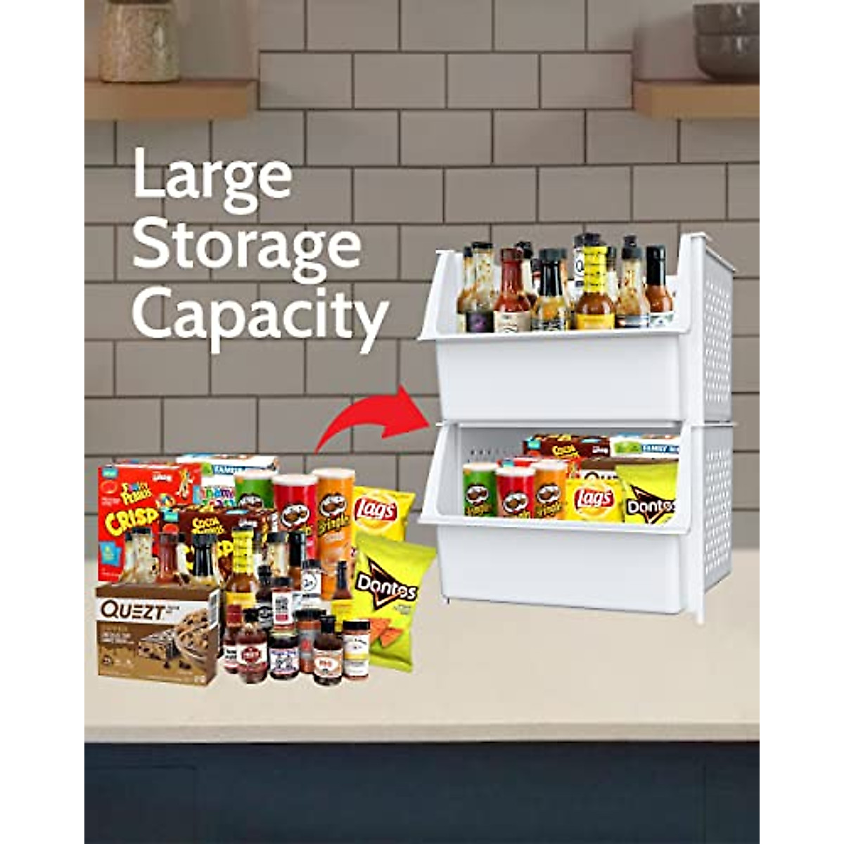 Skywin Plastic Stackable Storage Bins for Pantry - Stackable Bins For Organizing Food, Kitchen, and Bathroom Essentials (White 2-Pack)