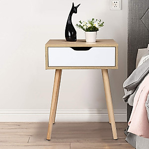 Bonnlo White & Nature Wood Nightstand End Side Table with Drawer & Solid Wood Legs for Living Room, Bedroom, Small End Side Table Bed Side Tables/Night Stands for Small Spaces, 18.2x15.7x24.4in