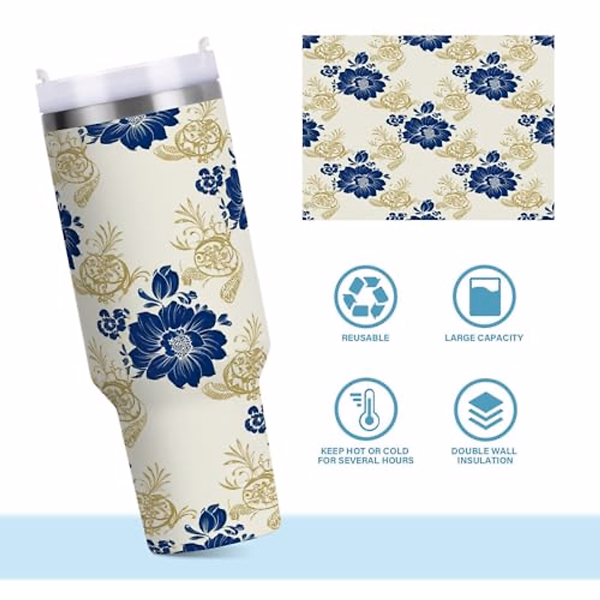 RPLIFE Blue and White Floral Tumbler Cup, Stainless Water Bottle, Water Tumbler with Straw