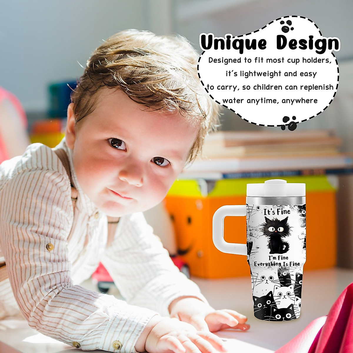 Cat Lover Gifts, Black Cat Tumbler with Handle and Straw for Kids, Birthday Gift for Cat Lovers Girls, 14 oz Stainless Steel Travel Mug for Toddlers, It's Fine I'm Fine Everything Is Fine Cat Mug